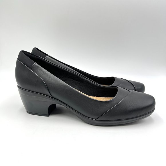 Clarks | Shoes | Clarks Womens Black Leather Classic Low Block Heel ...